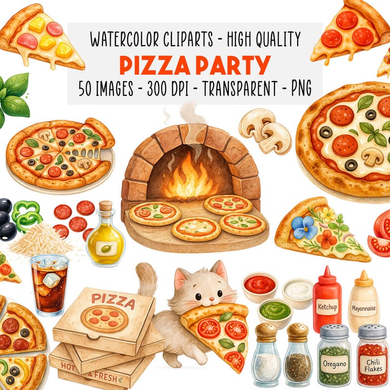 50 Watercolor Pizza Clipart Bundle PNG, Pizza Party Illustrations ...