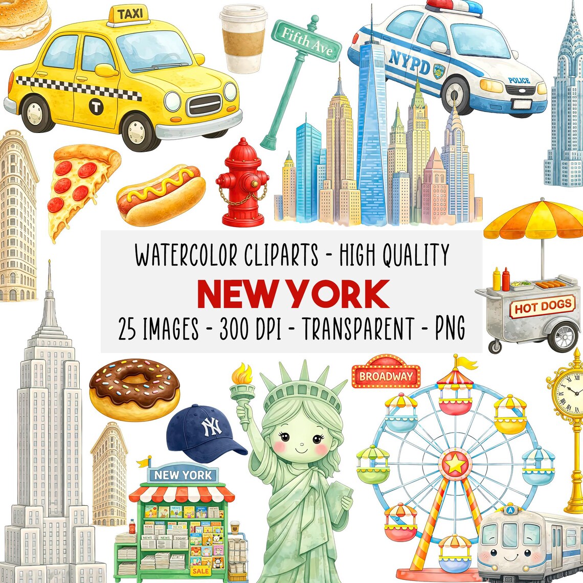 25 New York Clipart Set, NYC Landmarks Watercolor, Empire State, Statue ...