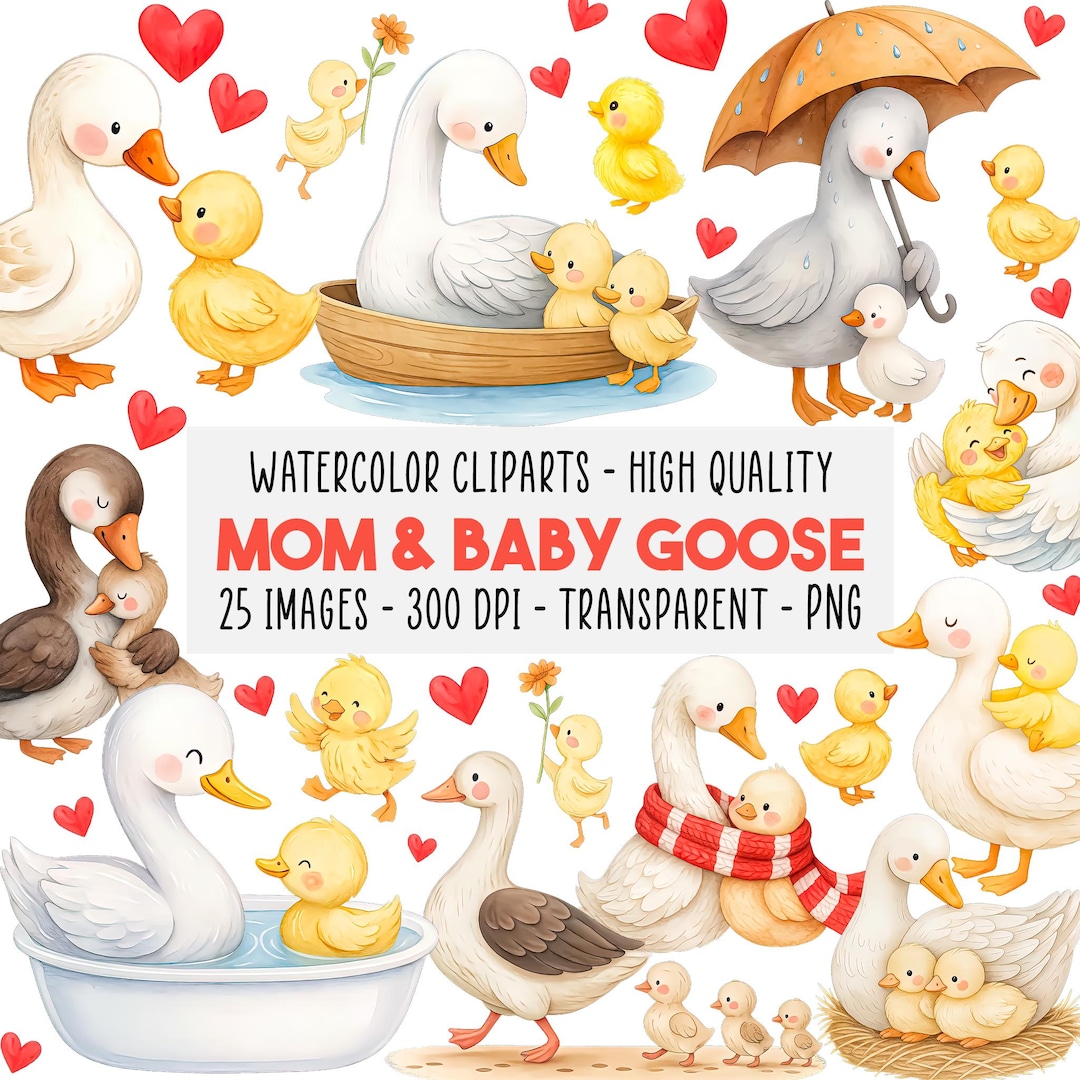 25 Mother and Baby Geese Watercolor PNG Clipart, Cute Gosling Mom ...