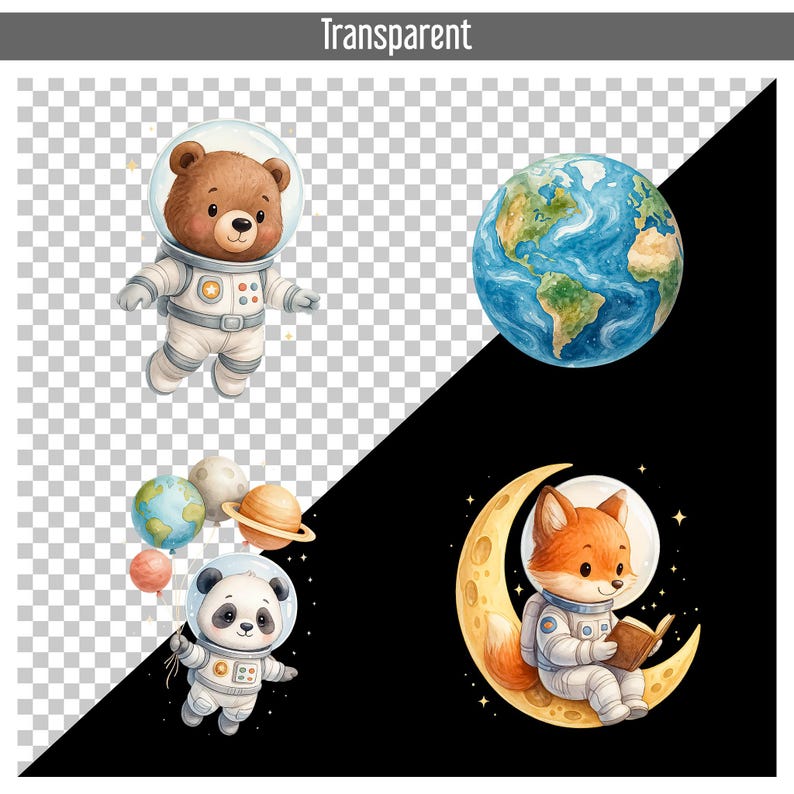50 Watercolor Astronaut Animals Clipart PNG Bundle, Cute Space Animals ...