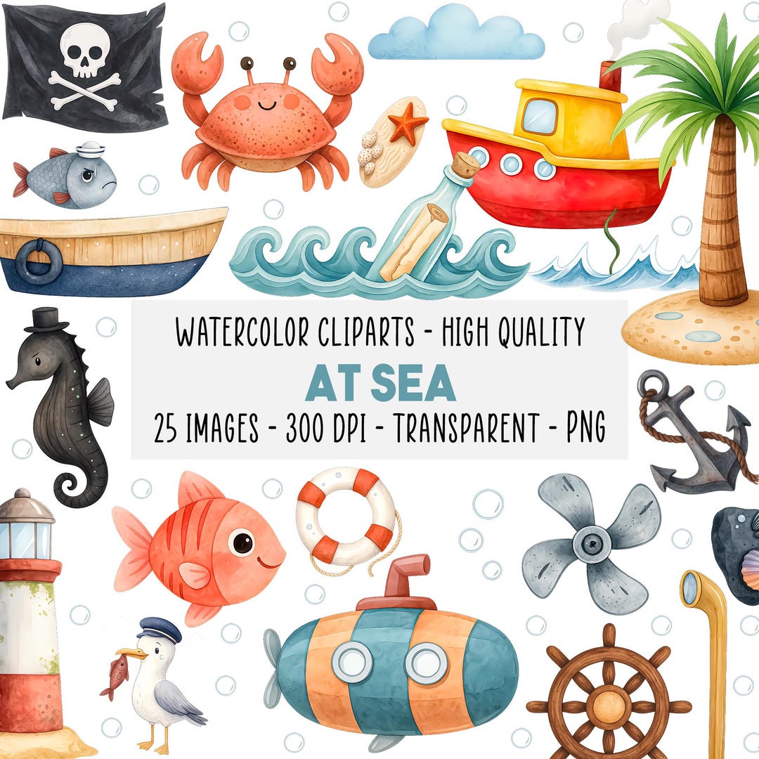 25 Nautical Watercolor Clipart, Sailing Ship, Anchor, Lighthouse ...
