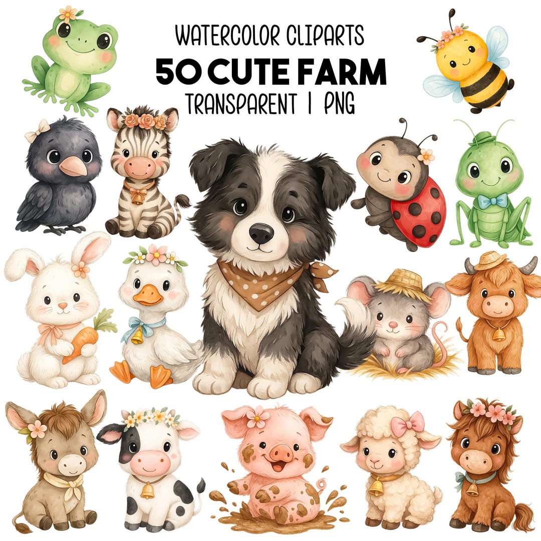 50 Cute Farm Animals PNG Bundle, Watercolor Farm Clipart Set, Cow, Pig ...