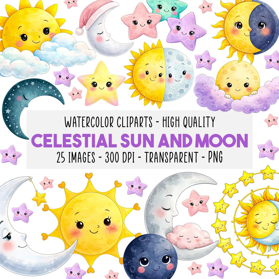 25 Celestial Sun and Moon Clipart PNG, Cute Whimsical, Smiling Sun ...