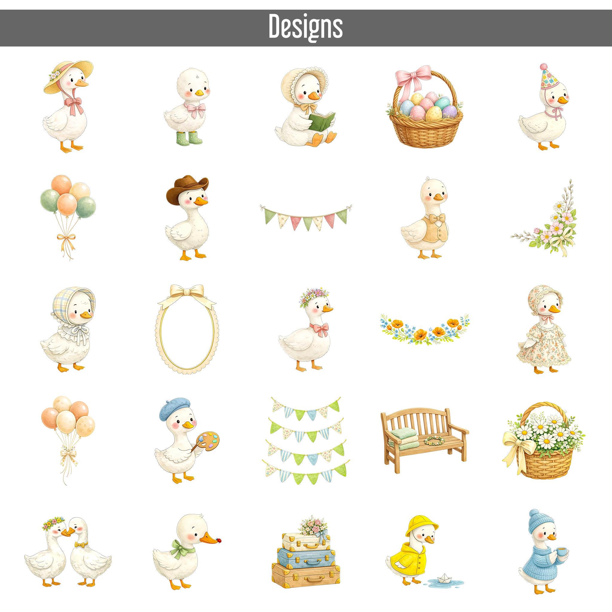 25 Pieces Vintage Goose Clipart Set, Floral Hat, Ribbon, Pastel Easter ...