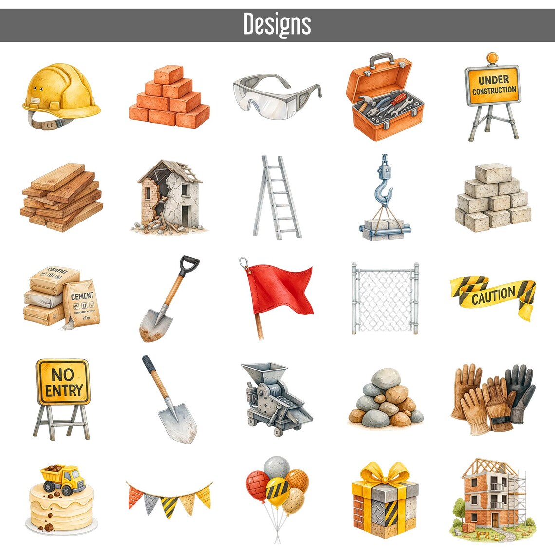 75 Construction Watercolor Clipart PNG Bundle, Construction Vehicles ...