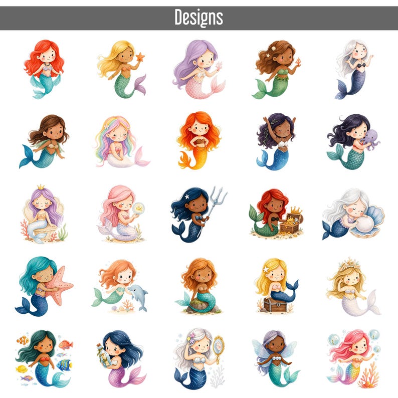 75 Mermaid Clipart Bundle PNG, Watercolor Mermaid, Sea Life Clipart ...
