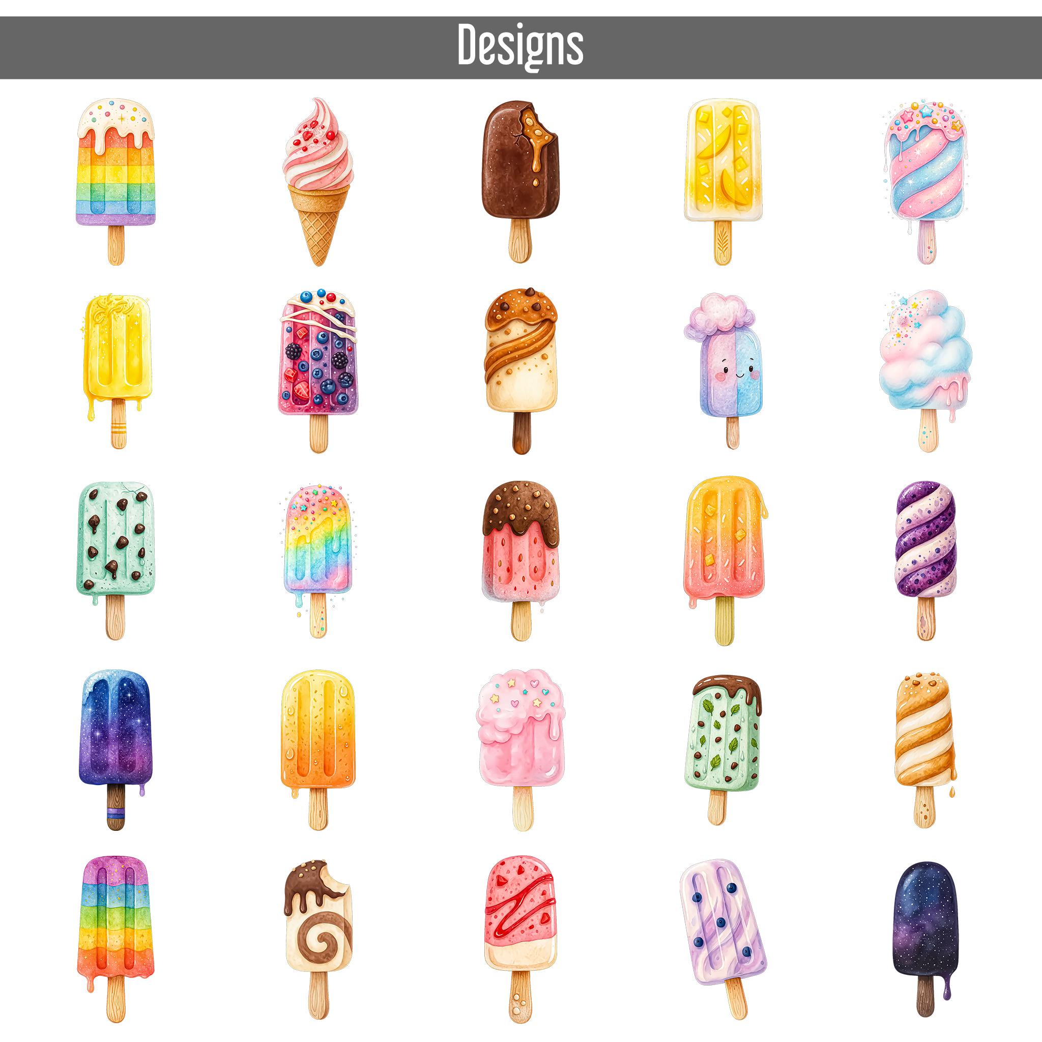 50 Popsicles Watercolor Clipart PNG Bundle, Ice Cream Illustrations ...