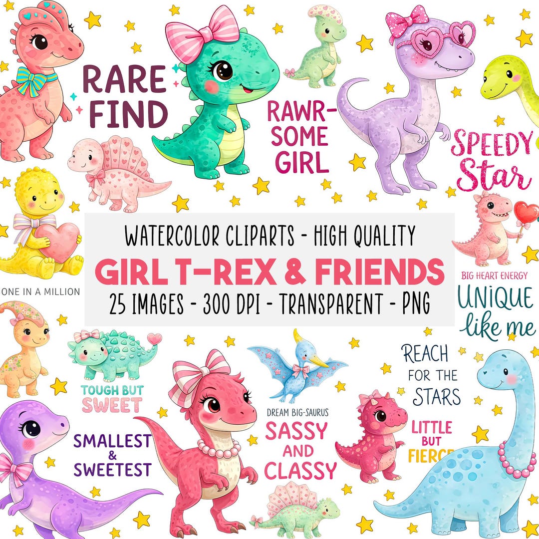 25 Girl Dinosaur Clipart PNG, Cute T-rex and Friends, Sassy Dino Girls ...
