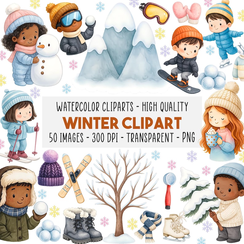 50 Winter Kids Clipart Bundle, PNG, Snow Fun, Ski, Snowboard, Snowman ...