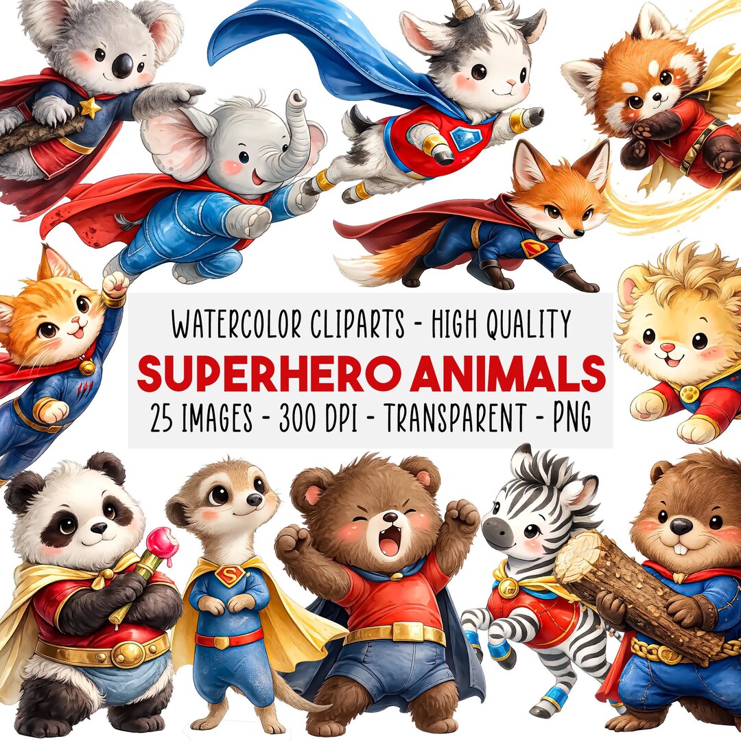 25 Superhero Animals Clipart PNG Set, Cute Watercolor Hero Animals ...