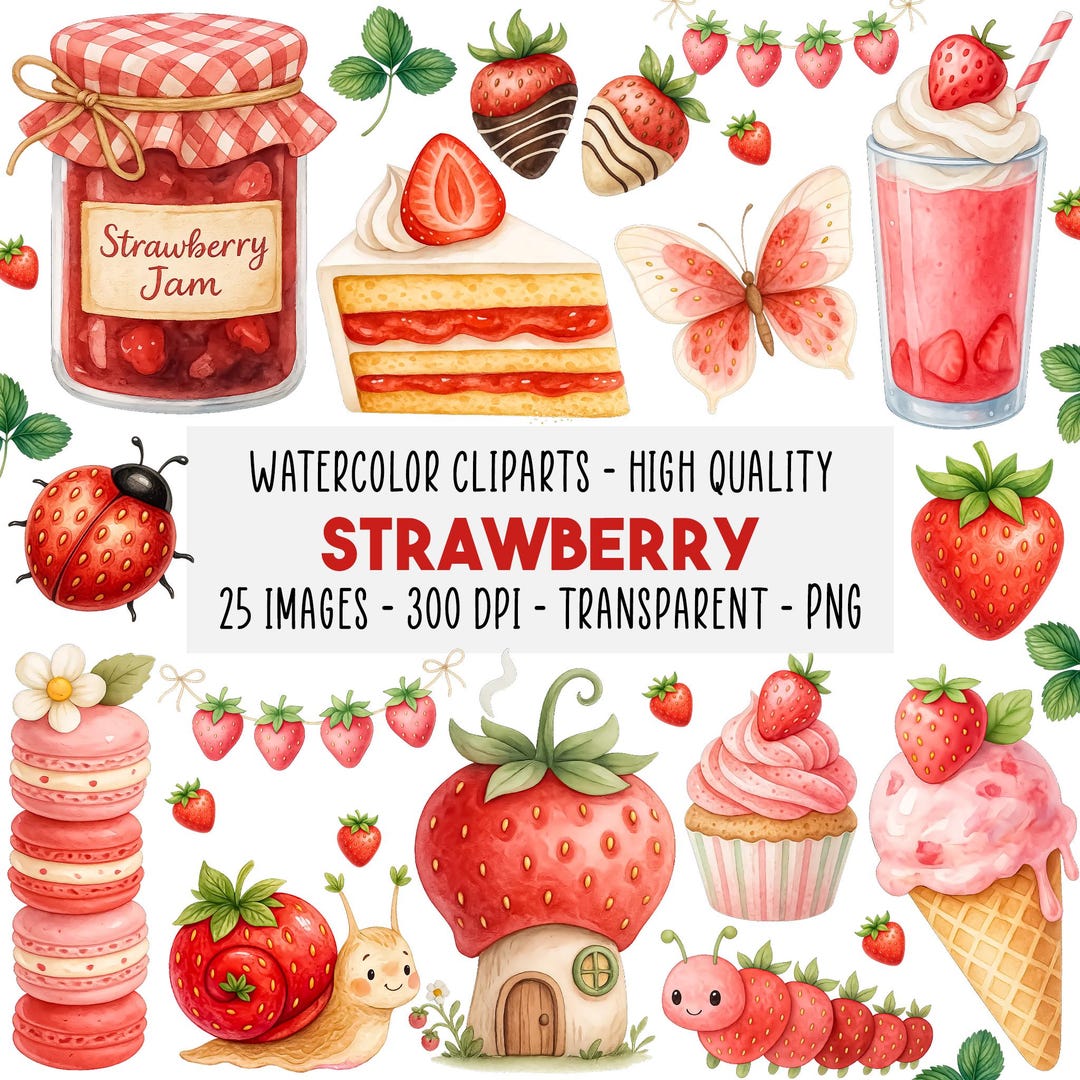 25 Strawberry Watercolor Clipart Bundle, Fantasy Berry Sweet Digital ...