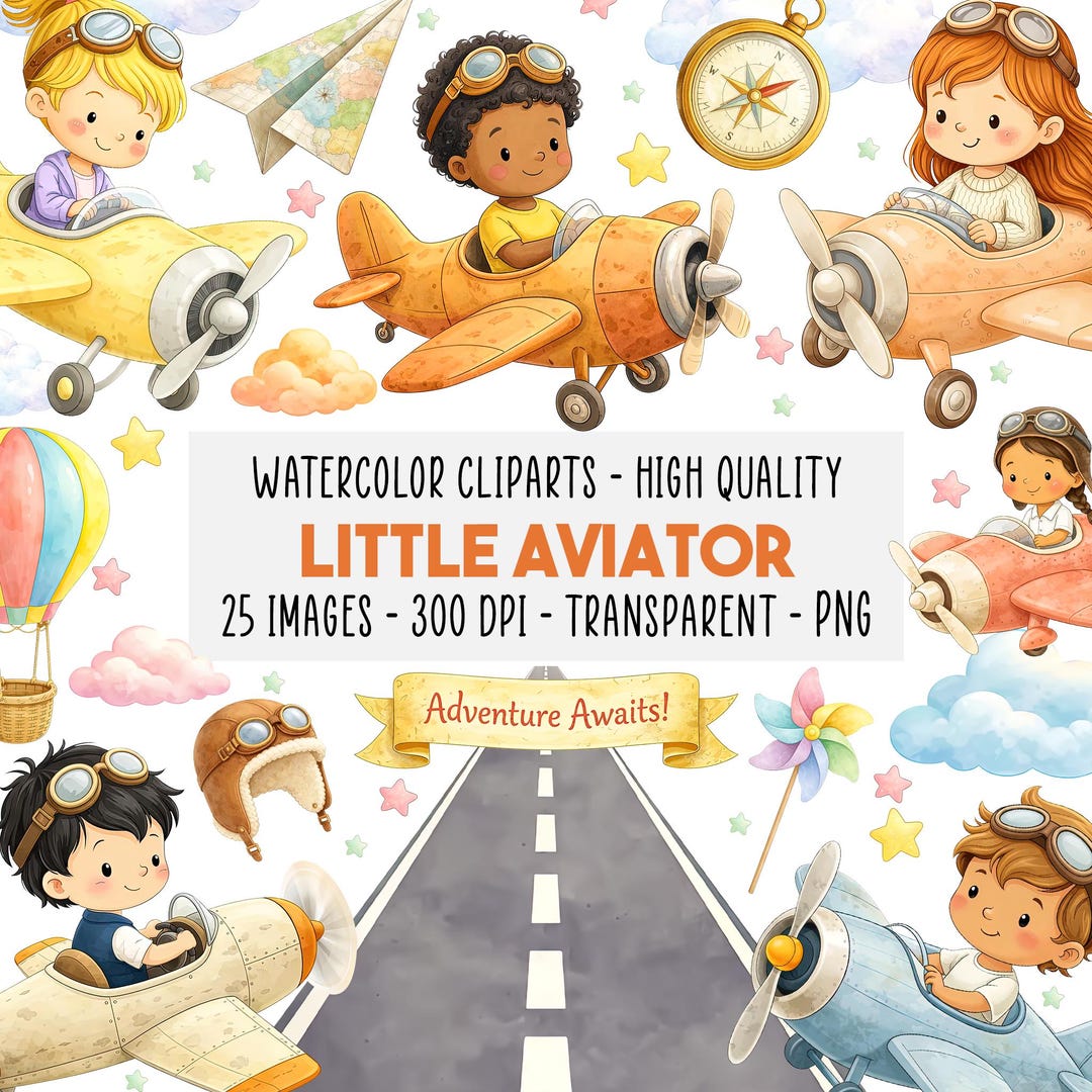 25 Little Aviator Clipart Set, Watercolor Kids Airplanes, Pilot ...