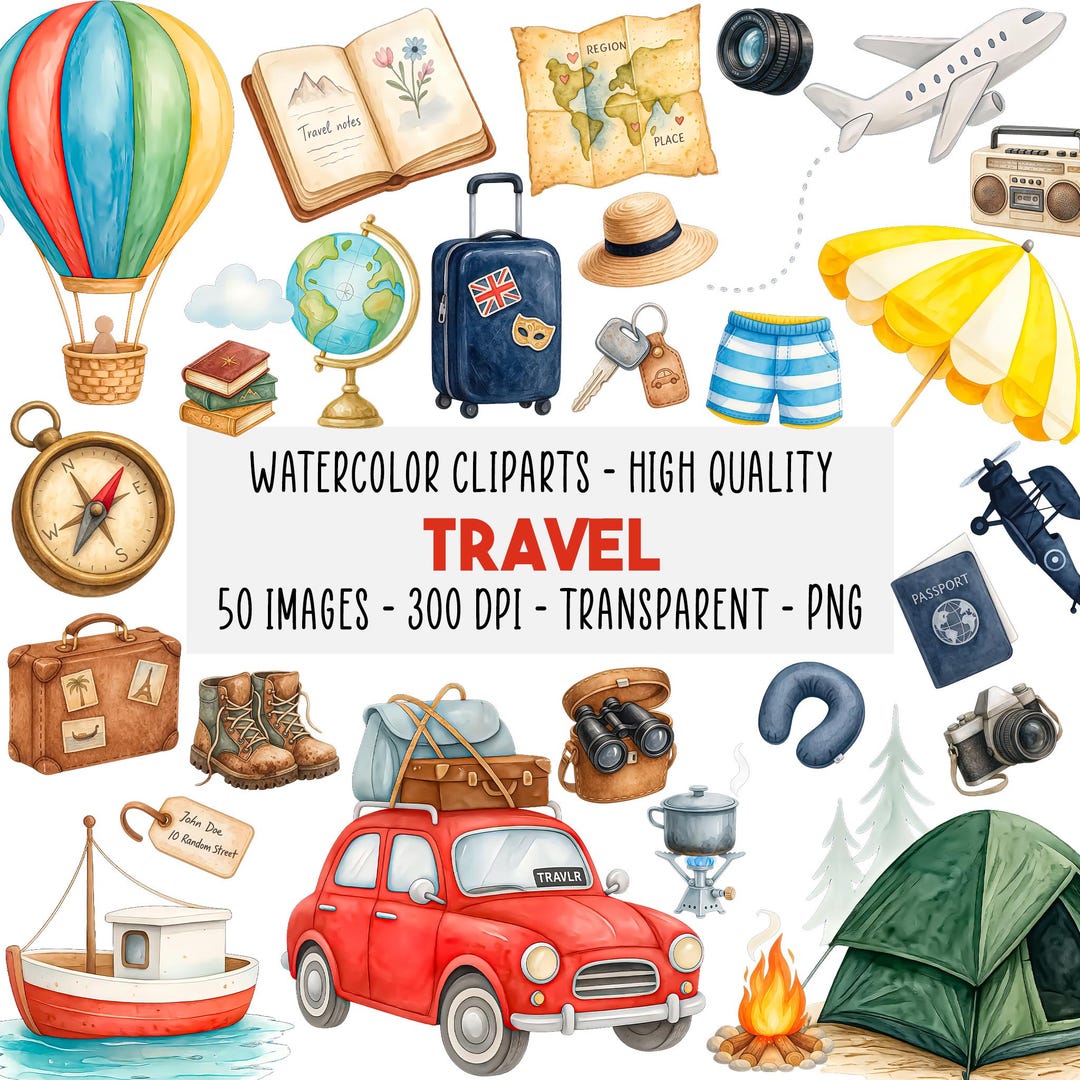 50 Travel Watercolor Clipart PNG, Vintage Suitcase, Airplane, Adventure ...