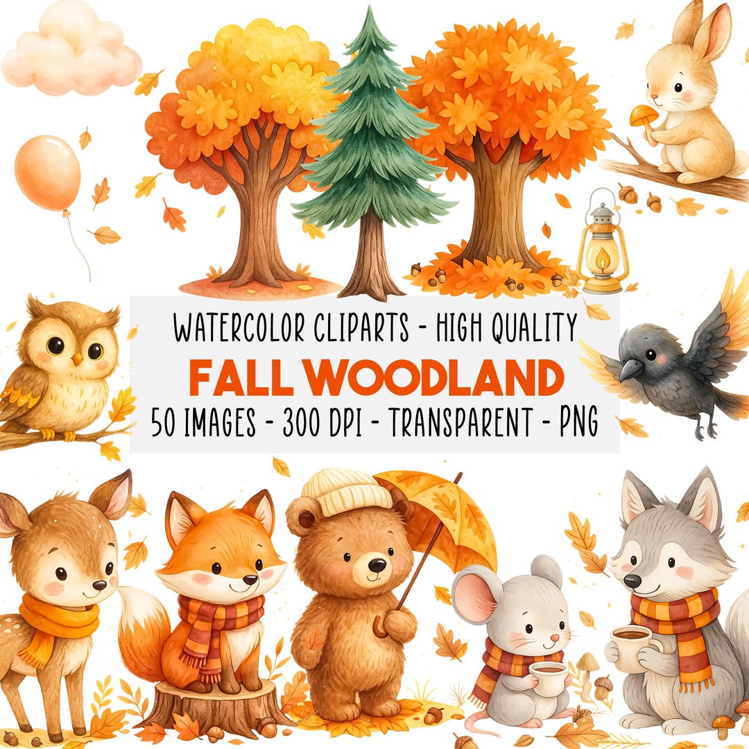 50 Fall Animal Clipart Bundle Watercolor Clipart, Woodland Autumn ...