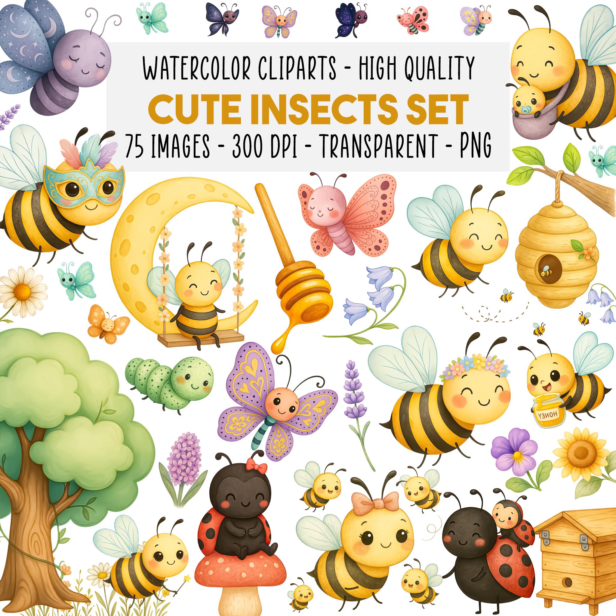 Cute Bee Clipart Bundle, Garden Bugs & Flowers PNG, Spring Watercolor ...