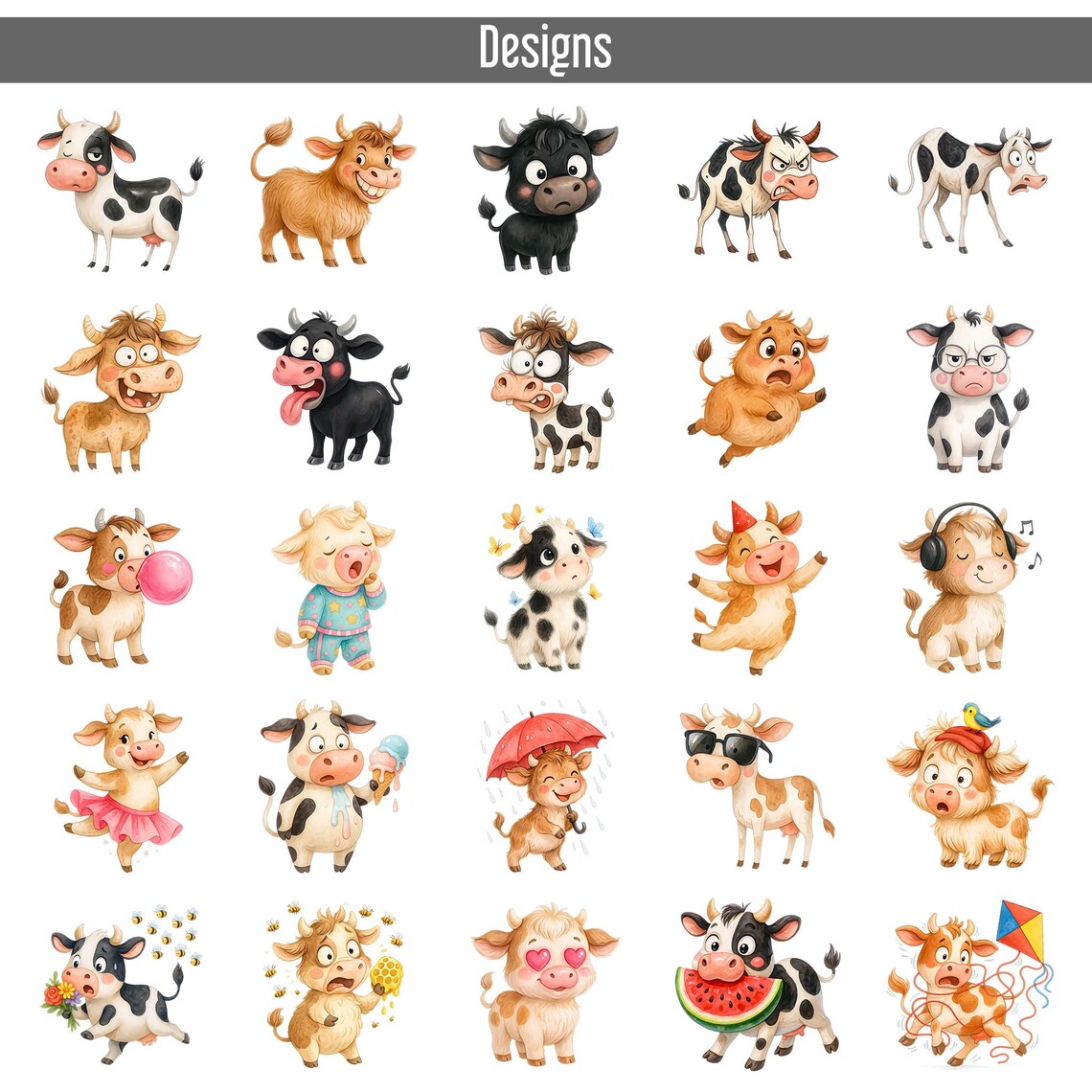 25 Funny Quirky Cow Clipart PNG Set, Cute Watercolor Cows, Funny Farm ...