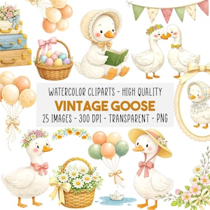 25 Pieces Vintage Goose Clipart Set, Floral Hat, Ribbon, Pastel Easter ...