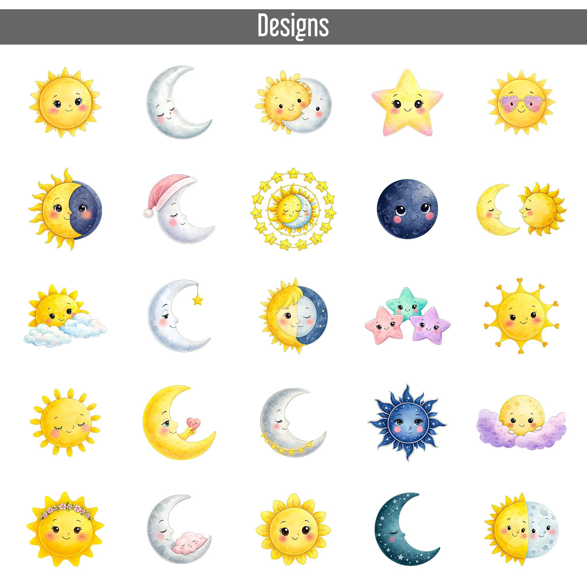 25 Celestial Sun and Moon Clipart PNG, Cute Whimsical, Smiling Sun ...