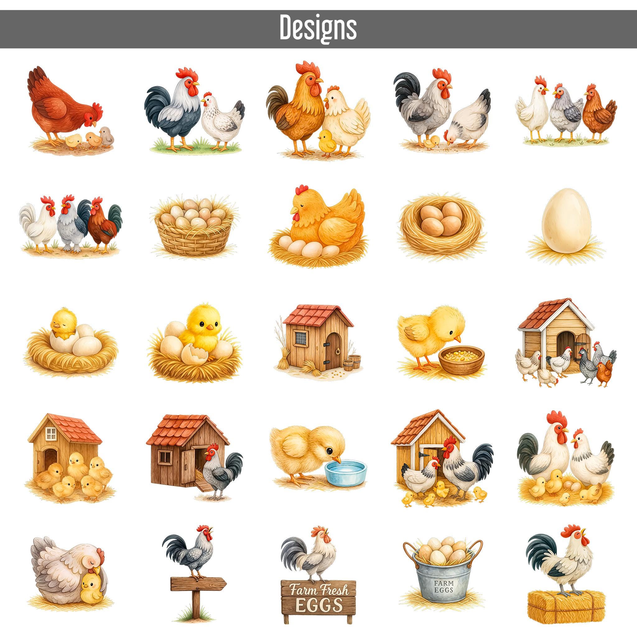 50 Chicken Watercolor Clipart Bundle, Farm Animals PNG, Rooster, Hen ...