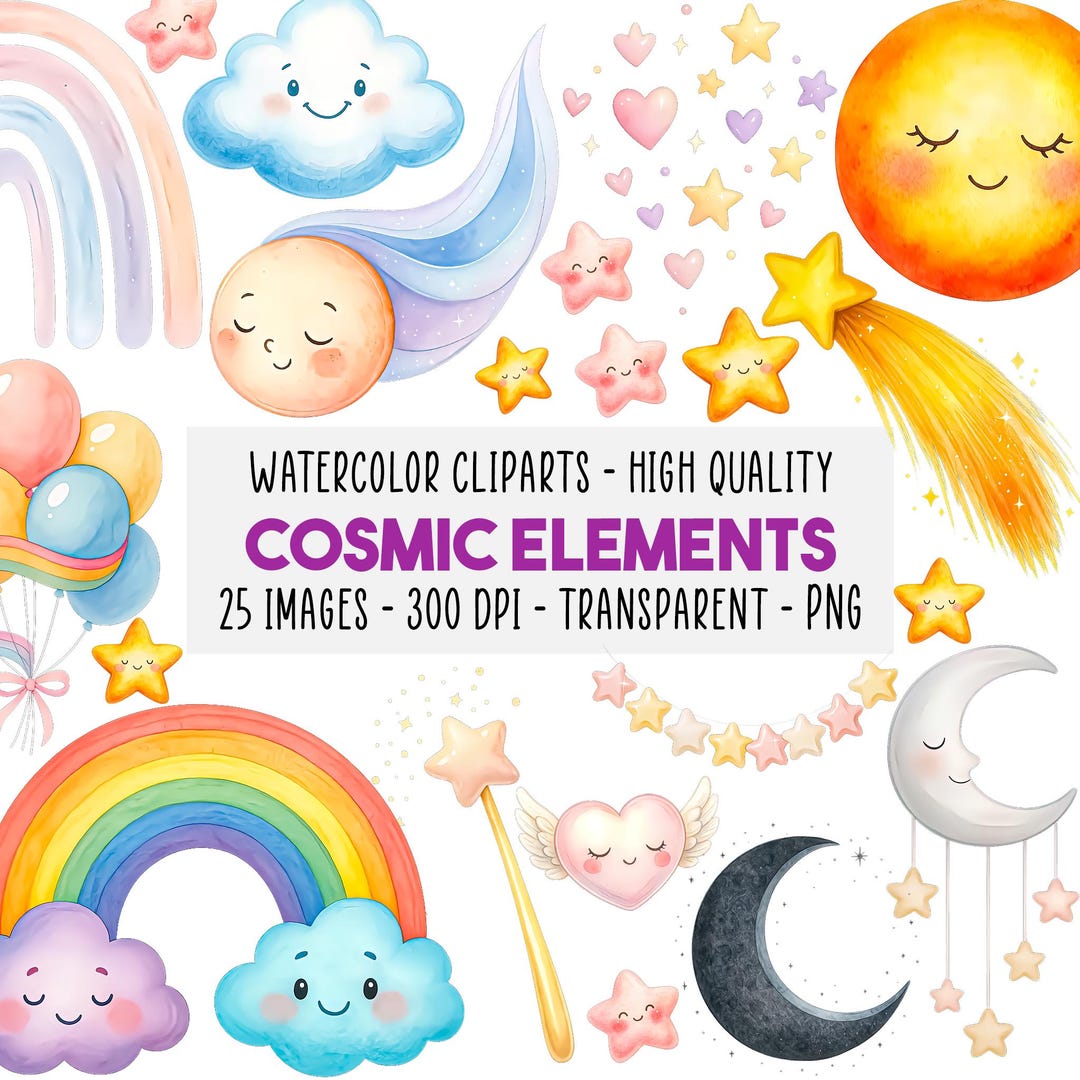 25 Rainbow Moon Sun Star Cloud PNG Set, Cute Pastel Sky Clipart ...