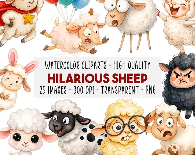 Funny Sheep Clipart, Cute Watercolor Quirky Farm Animal, PNG Digital ...