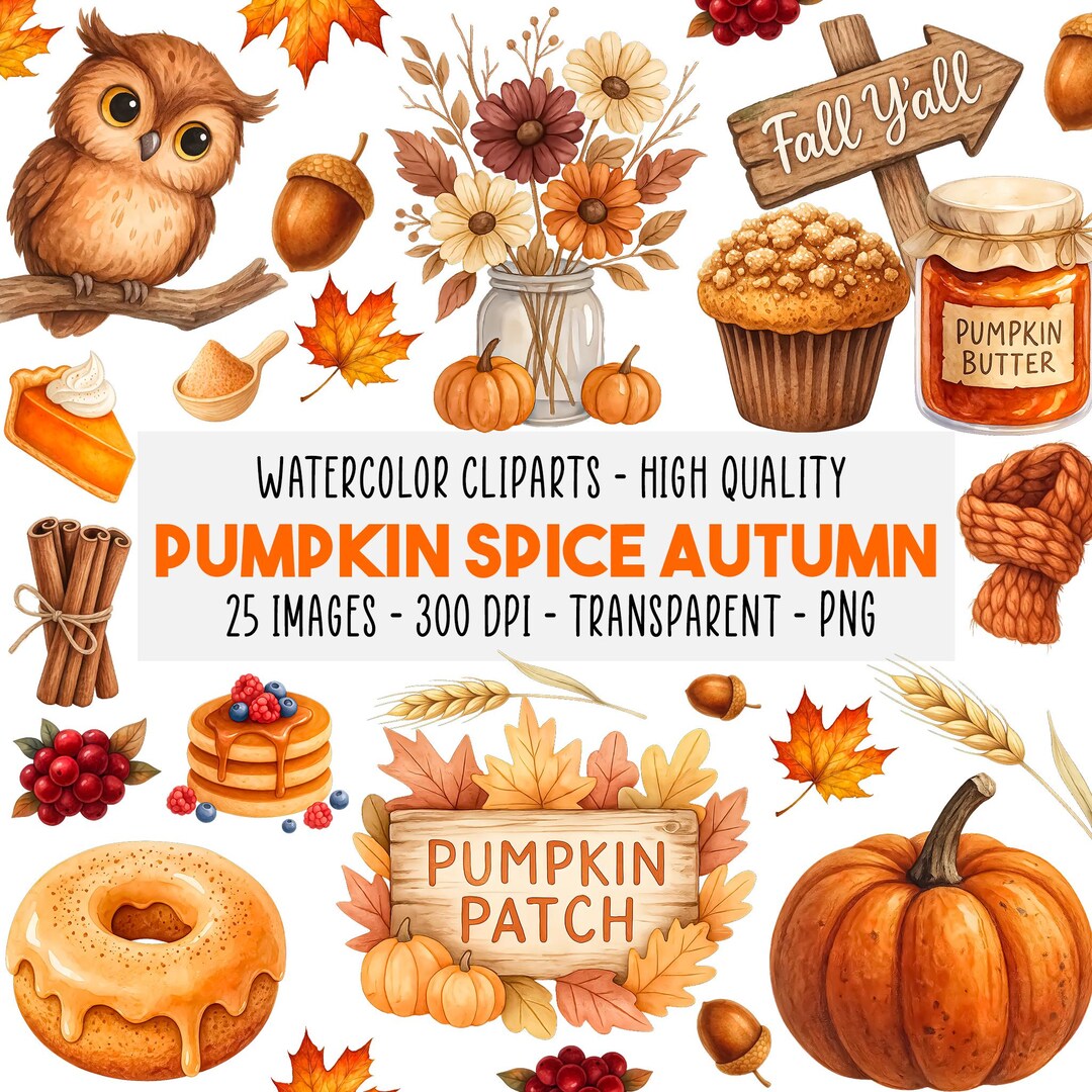 25 Pumpkin Spice Autumn Clipart Set PNG Fall Desserts Coffee Donuts ...