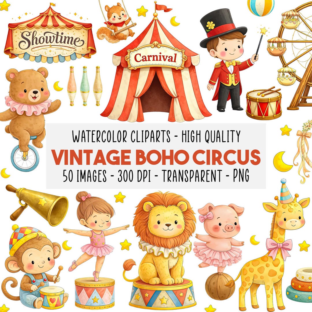 Vintage Boho Circus Animal Clipart, 50 Watercolor Carnival PNG Set for ...