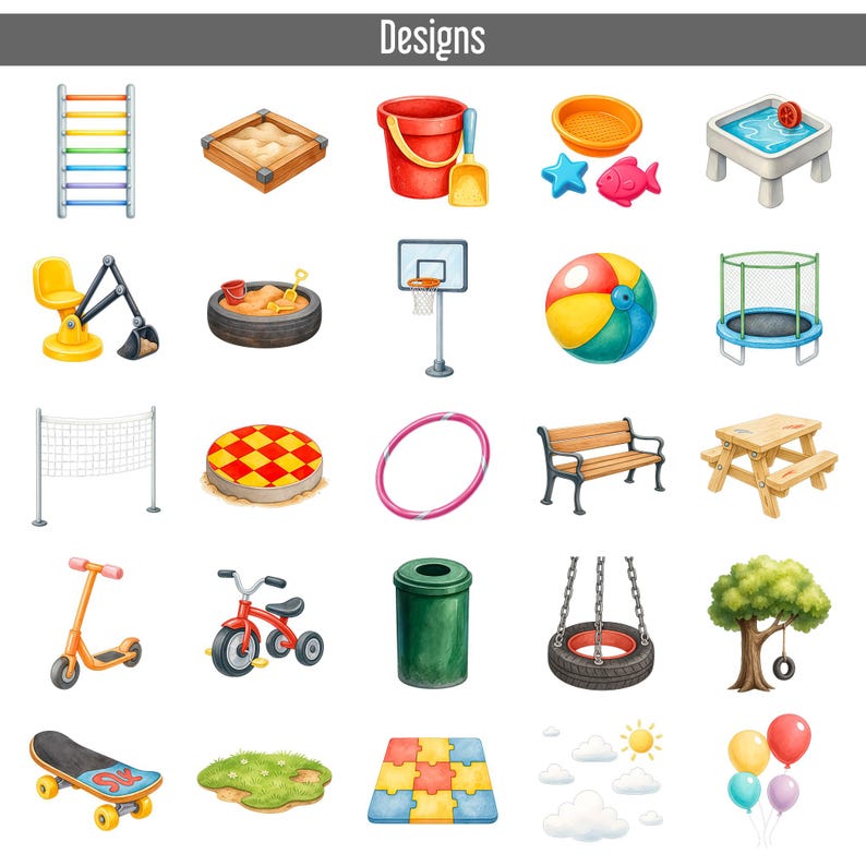 50 Playground Clipart Watercolor PNG Bundle, Slide, Swing, Sand Play ...