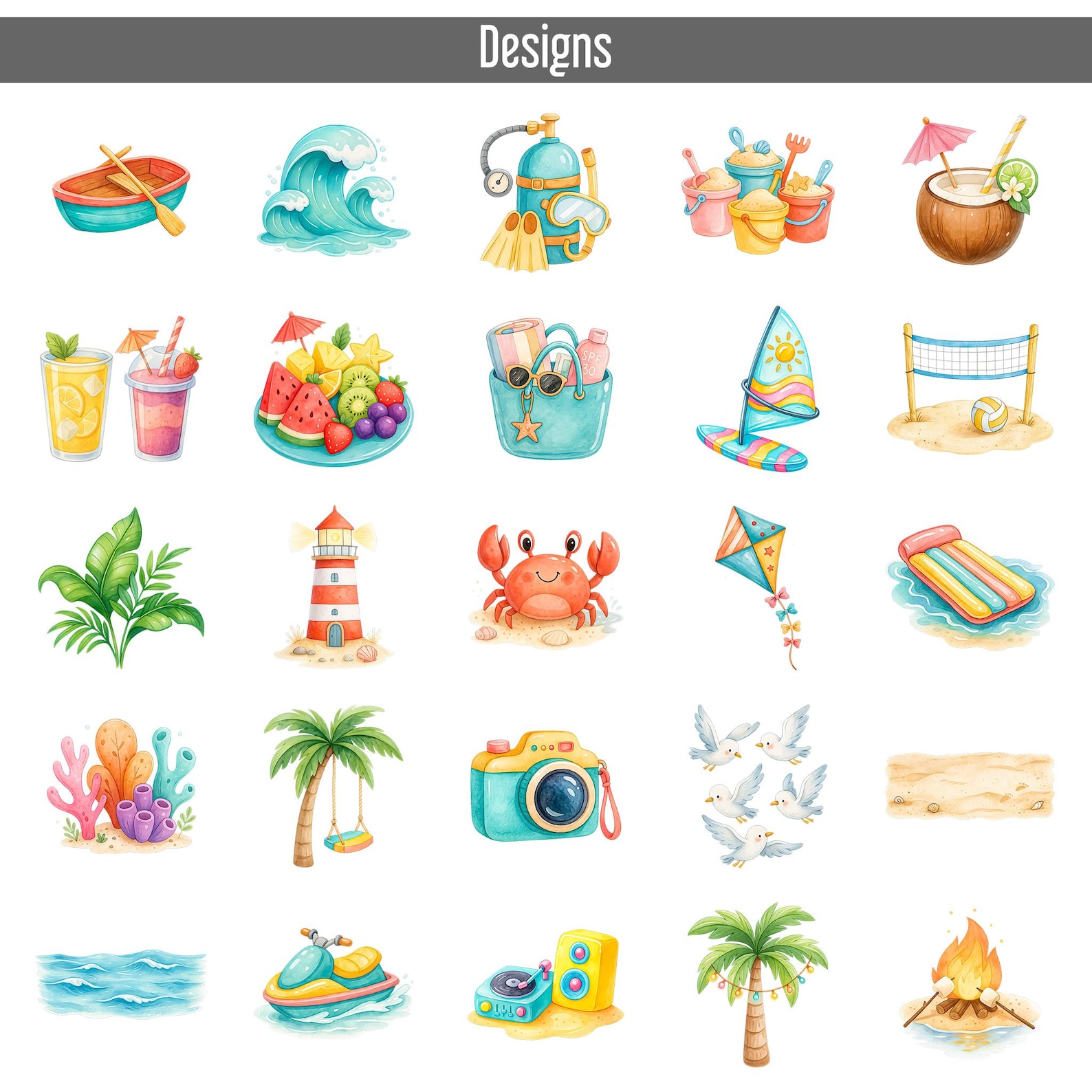 50 Summer Beach Clipart PNG Bundle, Tropical Ocean Coastal Holiday ...