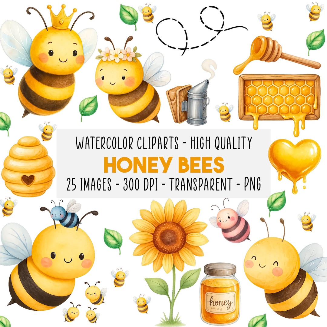 25 Honey Bees Watercolor Clipart PNG Set, Beehive Honeycomb ...