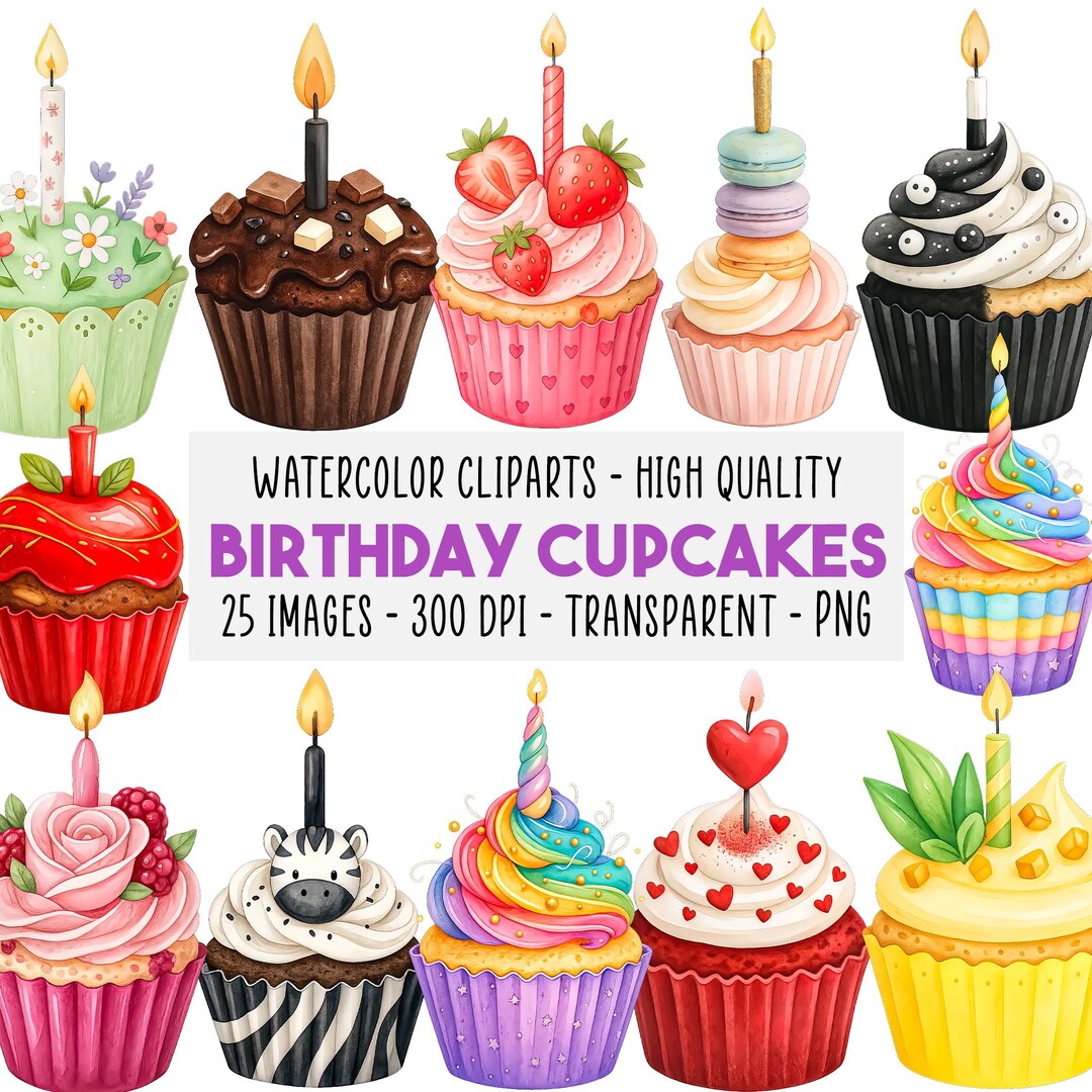 25 Birthday Cupcake Clipart Bundle, Galaxy Rainbow Floral Dessert PNG ...