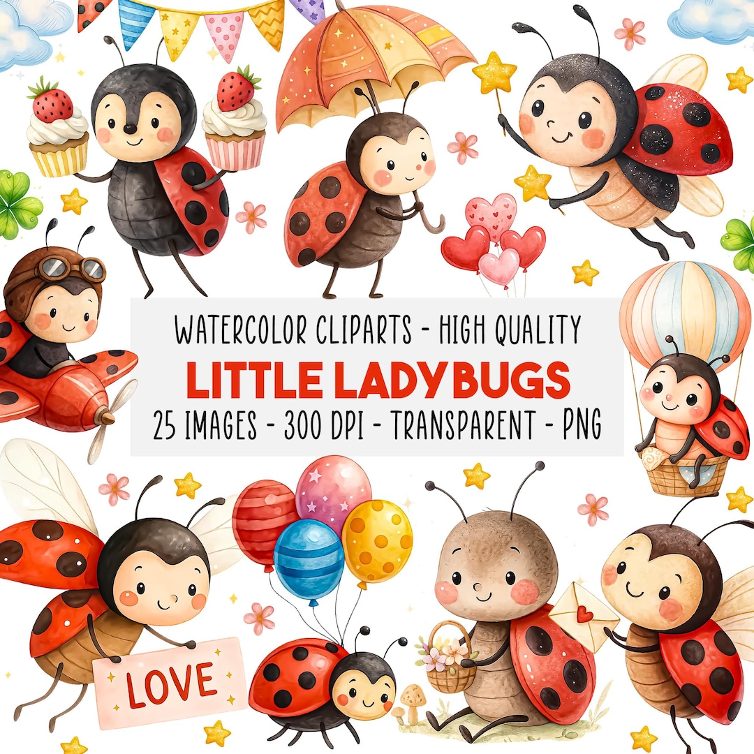 25 Cute Ladybug Clipart Watercolor Bundle, Ladybugs PNG Set, Spring ...