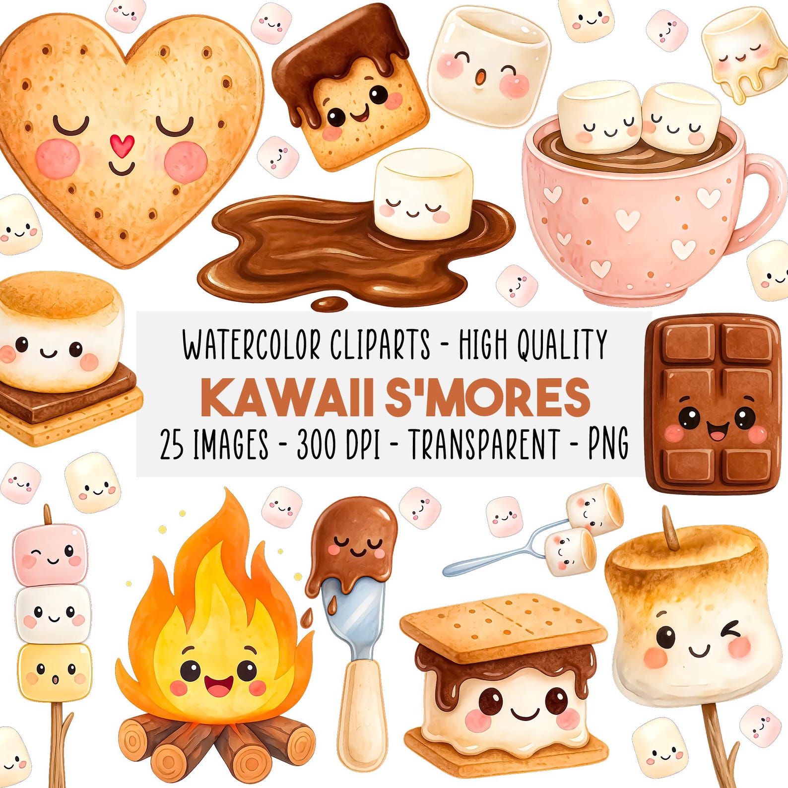 25 Kawaii Smores Clipart Set, PNG Cute Marshmallow, Chocolate Graham ...