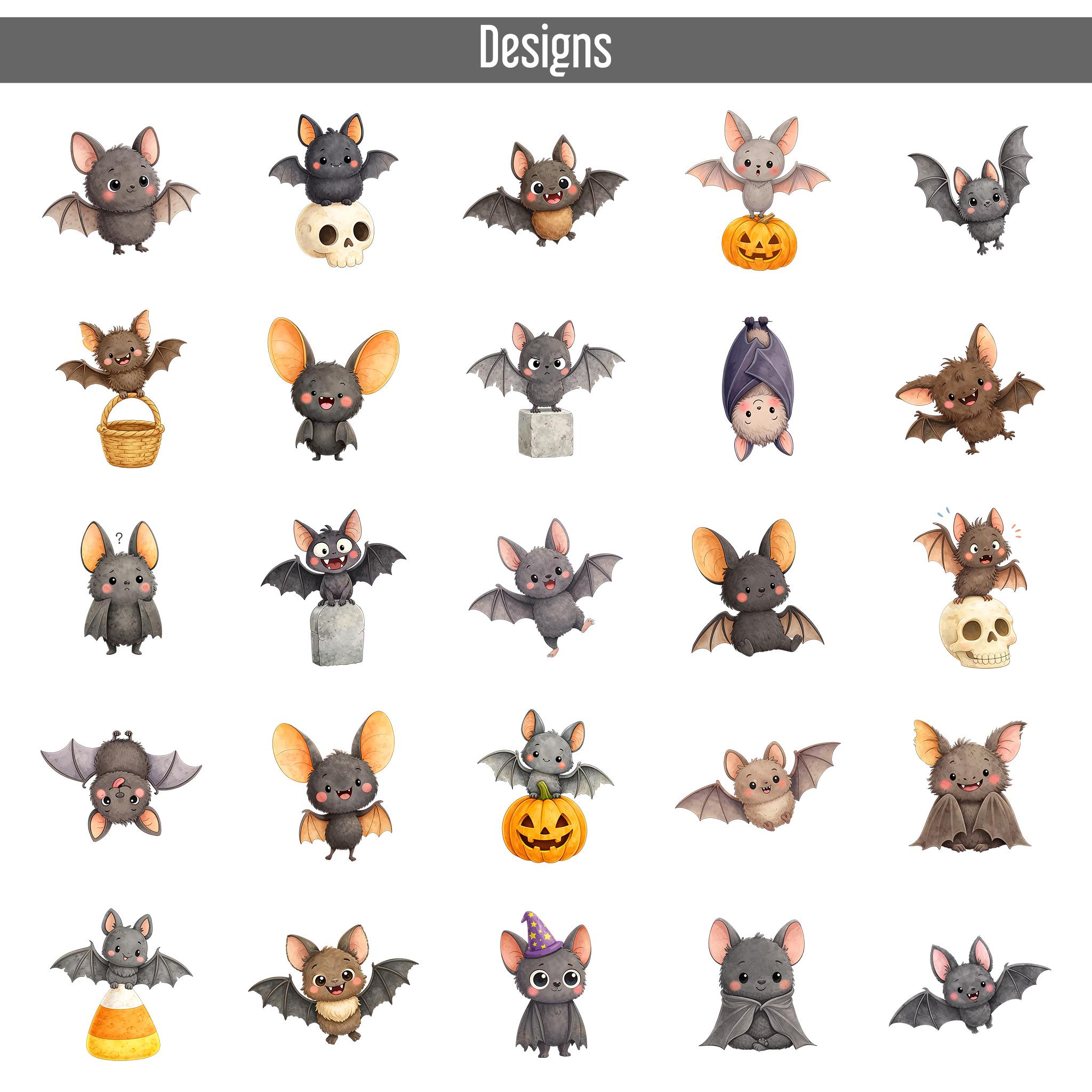 25 Quirky Bats Clipart PNG Set, Cute Funny Halloween Bats, Wide Wings ...