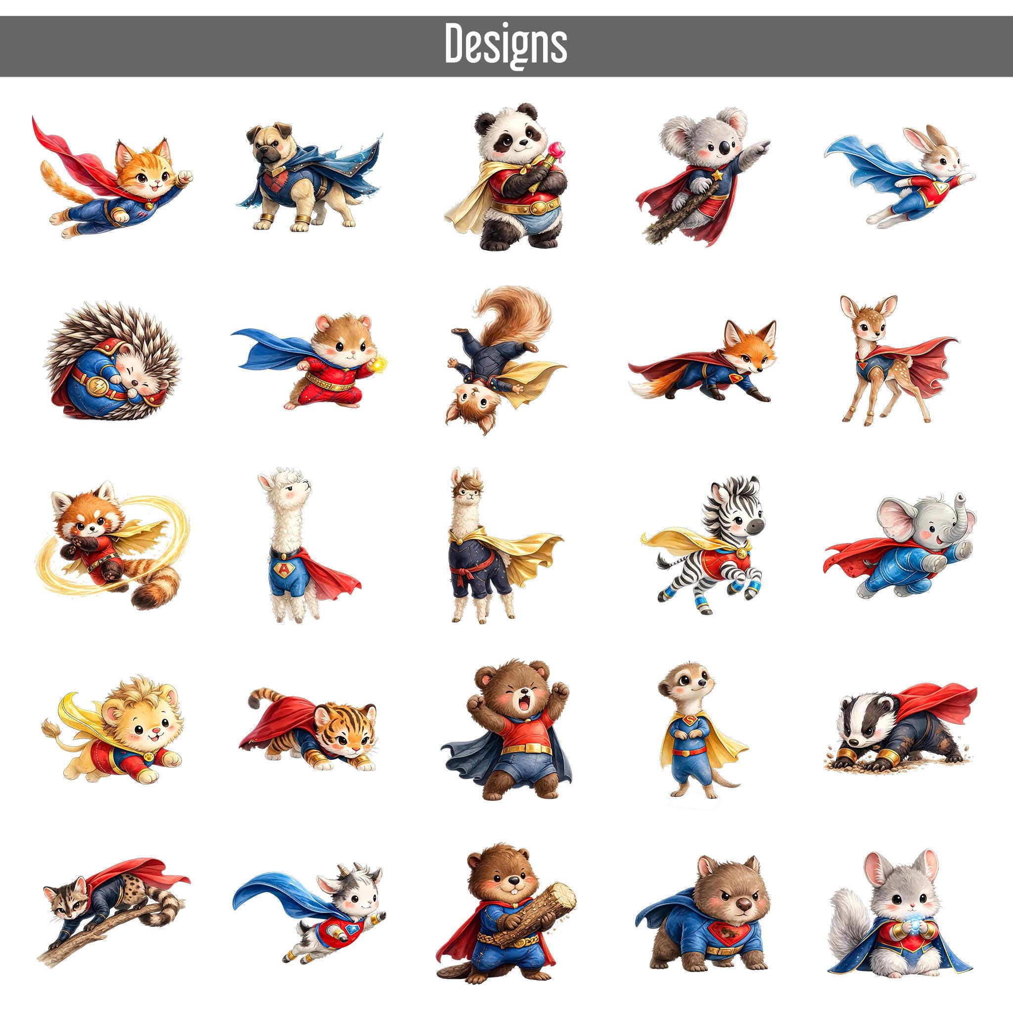 25 Superhero Animals Clipart PNG Set, Cute Watercolor Hero Animals ...