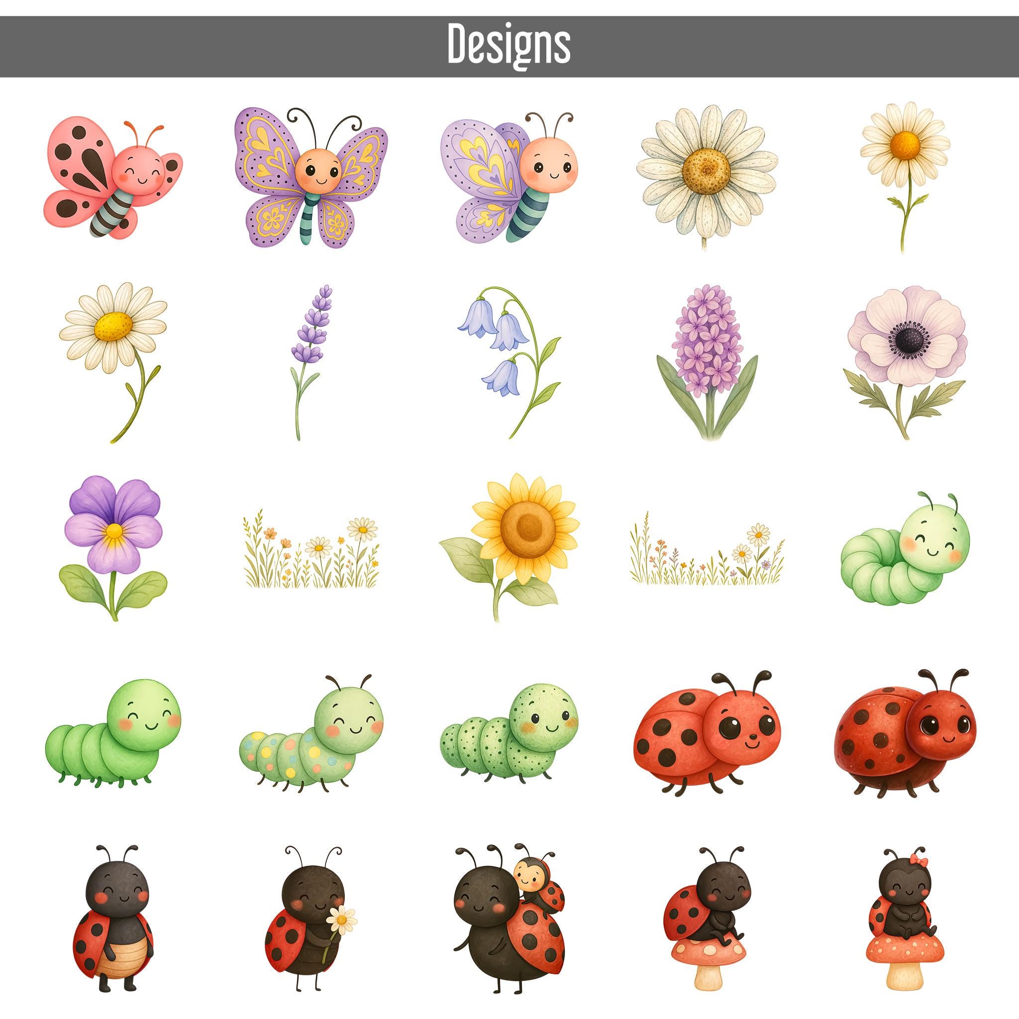 Cute Bee Clipart Bundle, Garden Bugs & Flowers PNG, Spring Watercolor ...