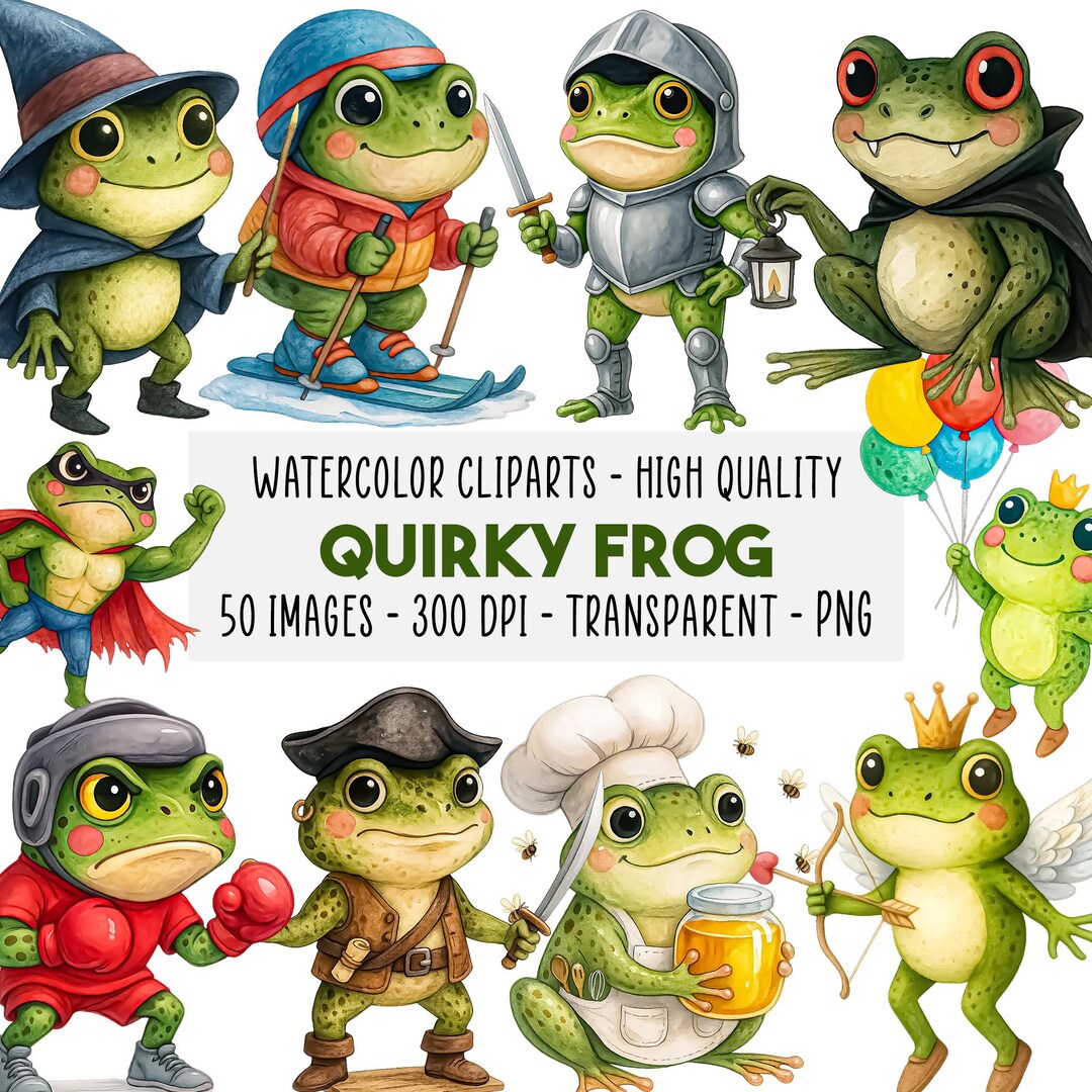 50 Funny Frog Watercolor Clipart PNG Bundle, Cute Quirky Whimsical ...