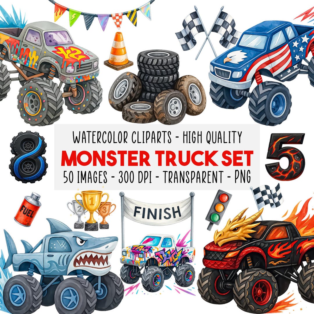 50 Monster Truck Watercolor Clipart Bundle PNG, Extreme Offroad Trucks ...