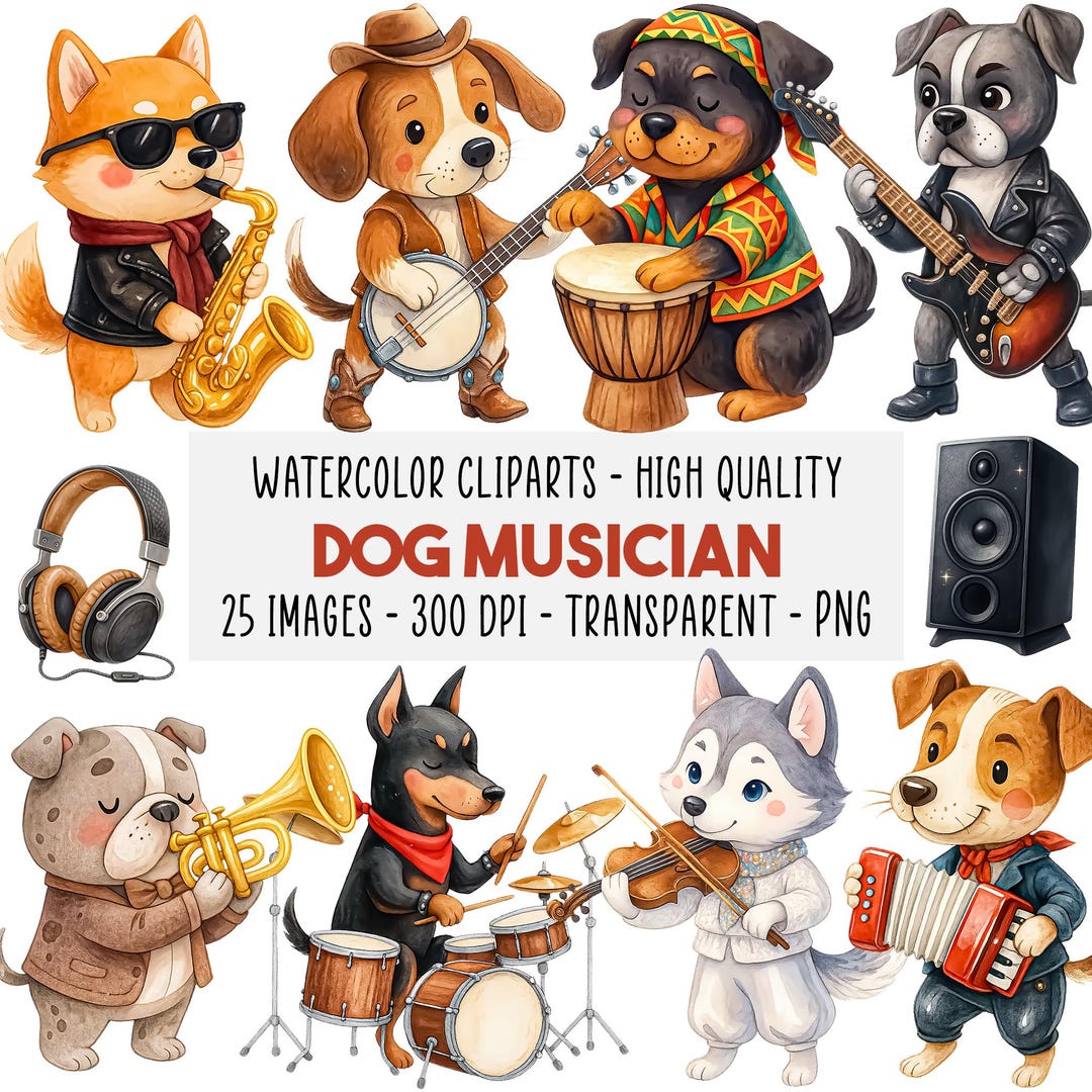 25 Musical Dogs Watercolor Clipart Bundle, PNG Cute Dogs Playing ...