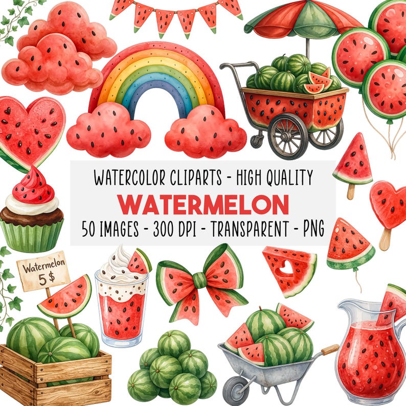 50 Watermelon Watercolor PNG Clipart, Realistic Summer Fruit ...