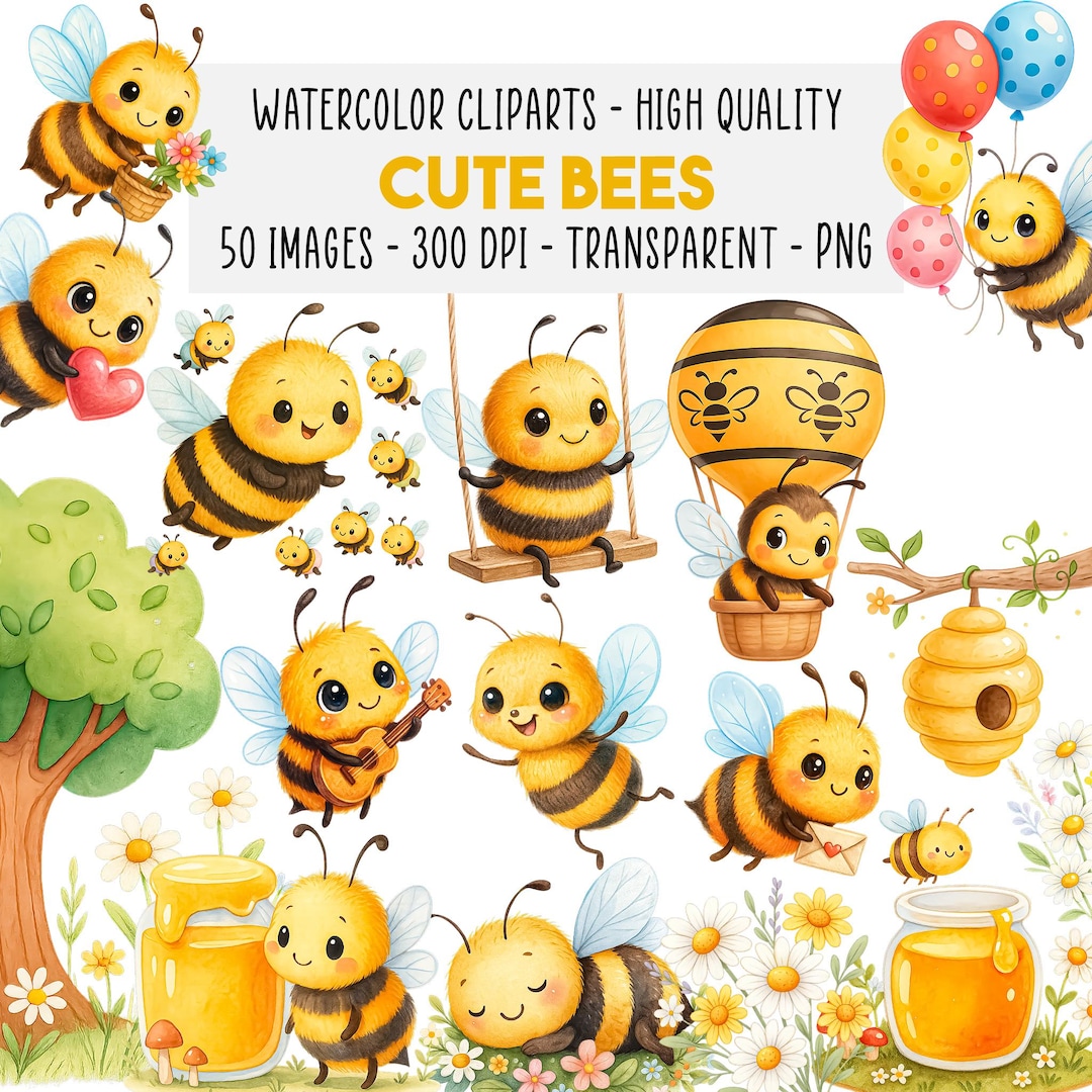 50 Cute Bee Clipart Set PNG, Whimsical Kawaii Bees, Spring Flowers ...