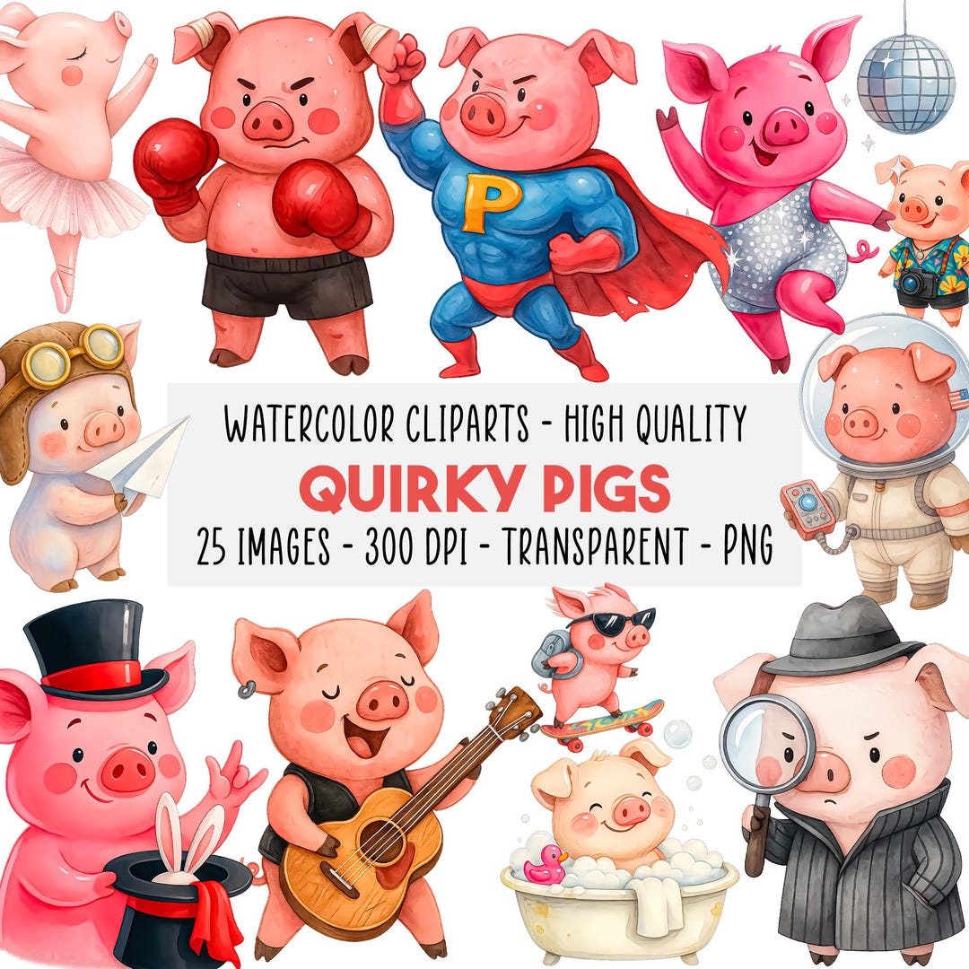 25 Quirky Pig Clipart PNG Bundle, Cute Whimsical Cartoon Pigs, Chef ...