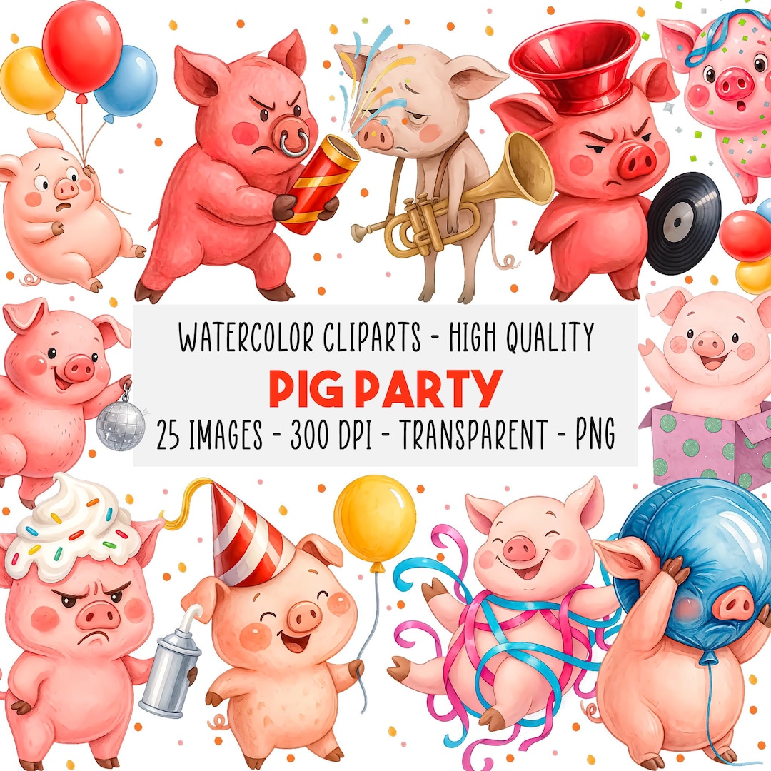 25 Pig Party Clipart Set, Cute Funny Pigs Birthday Celebration PNG ...