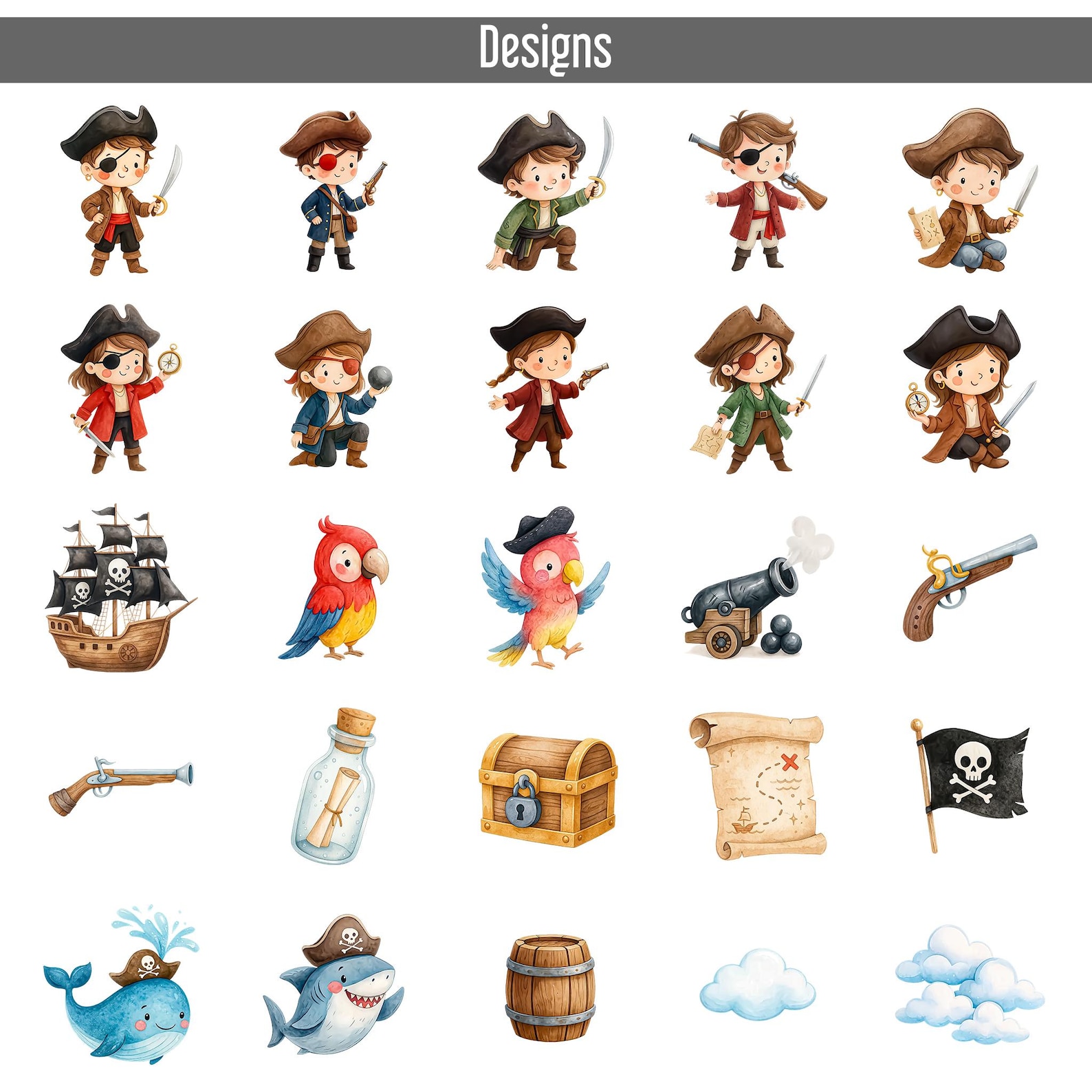 50 Pirate Clipart Watercolor PNG Set, Cute Pirates, Nautical Elements ...
