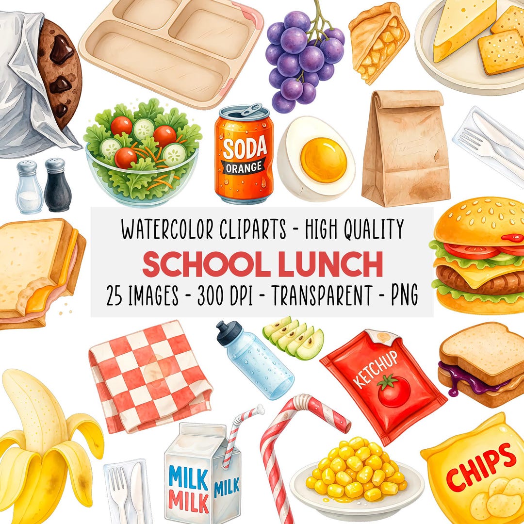 25 School Lunch Clipart PNG, Blue Picnic Table Food Set, Watercolor ...