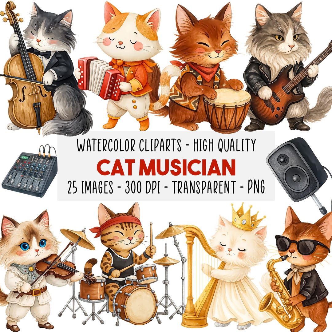 25 Musical Cats Clipart Bundle, Cute Cats Playing Instruments PNG ...