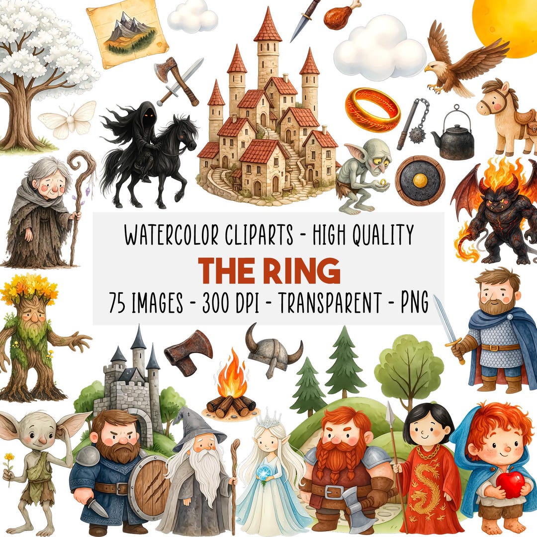 75 Fantasy Middle Earth Characters Clipart PNG Set, Wizard Dwarf Elf ...