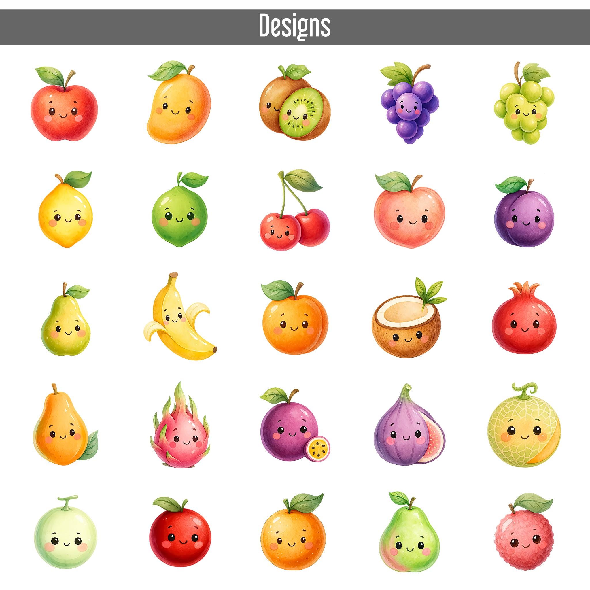 50 Cute Fruits PNG Clipart Bundle, Kawaii Fruit Illustrations ...