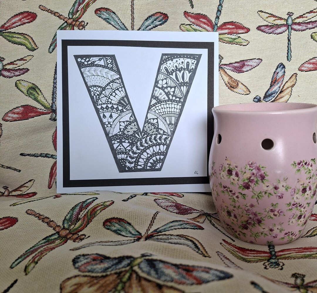 Hand Drawn Letter V Card: Zentangle Mandala Art - 8x8 In - Etsy