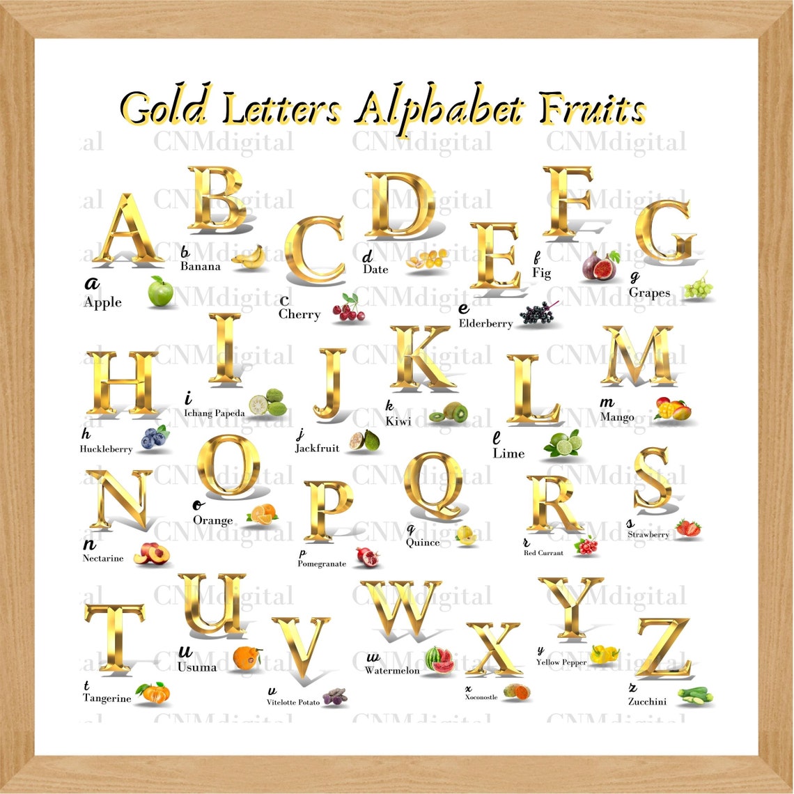 Gold Letters Fruit, English Alphabet, A-Z 26 Gold Color Letters, With ...